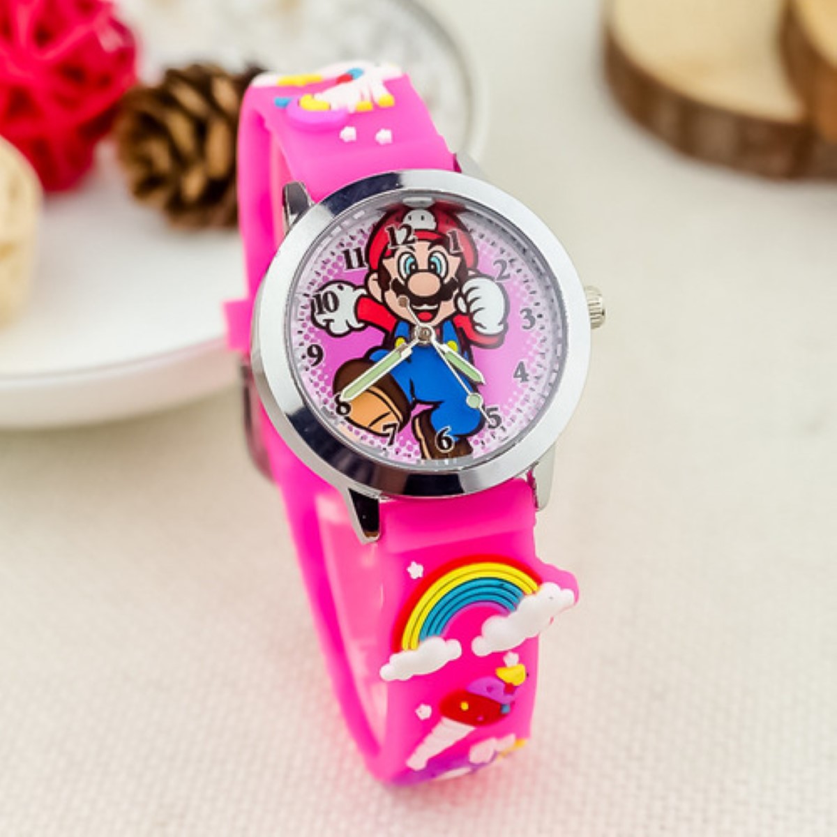2pzs Reloj Infantil Para Niños Super Mario Bros ROJO ROSA
