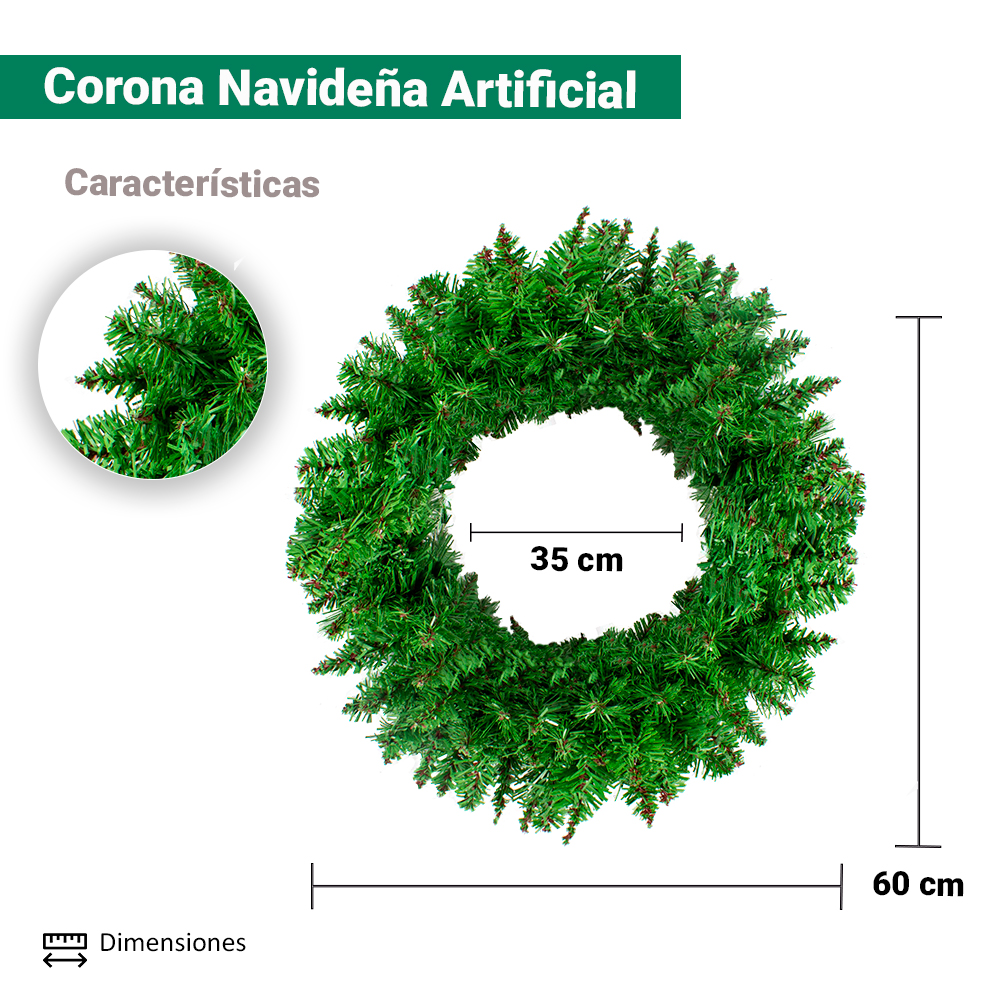 Corona Navideña Verde Claro Adorno Artificial 60 Cm Diámetro