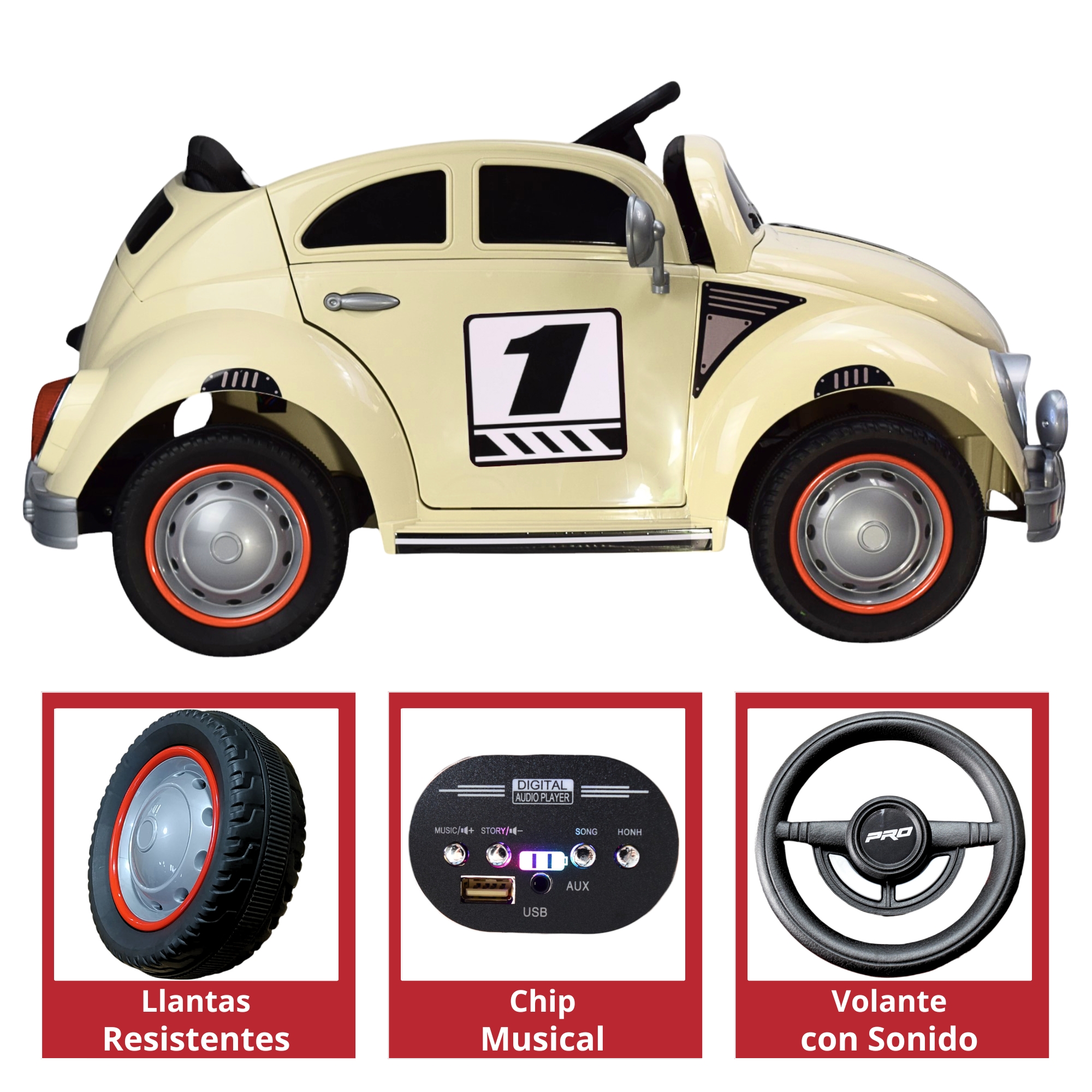 Montable para Niños Vocho Electrico Control Remoto luz 12V - BEIGE