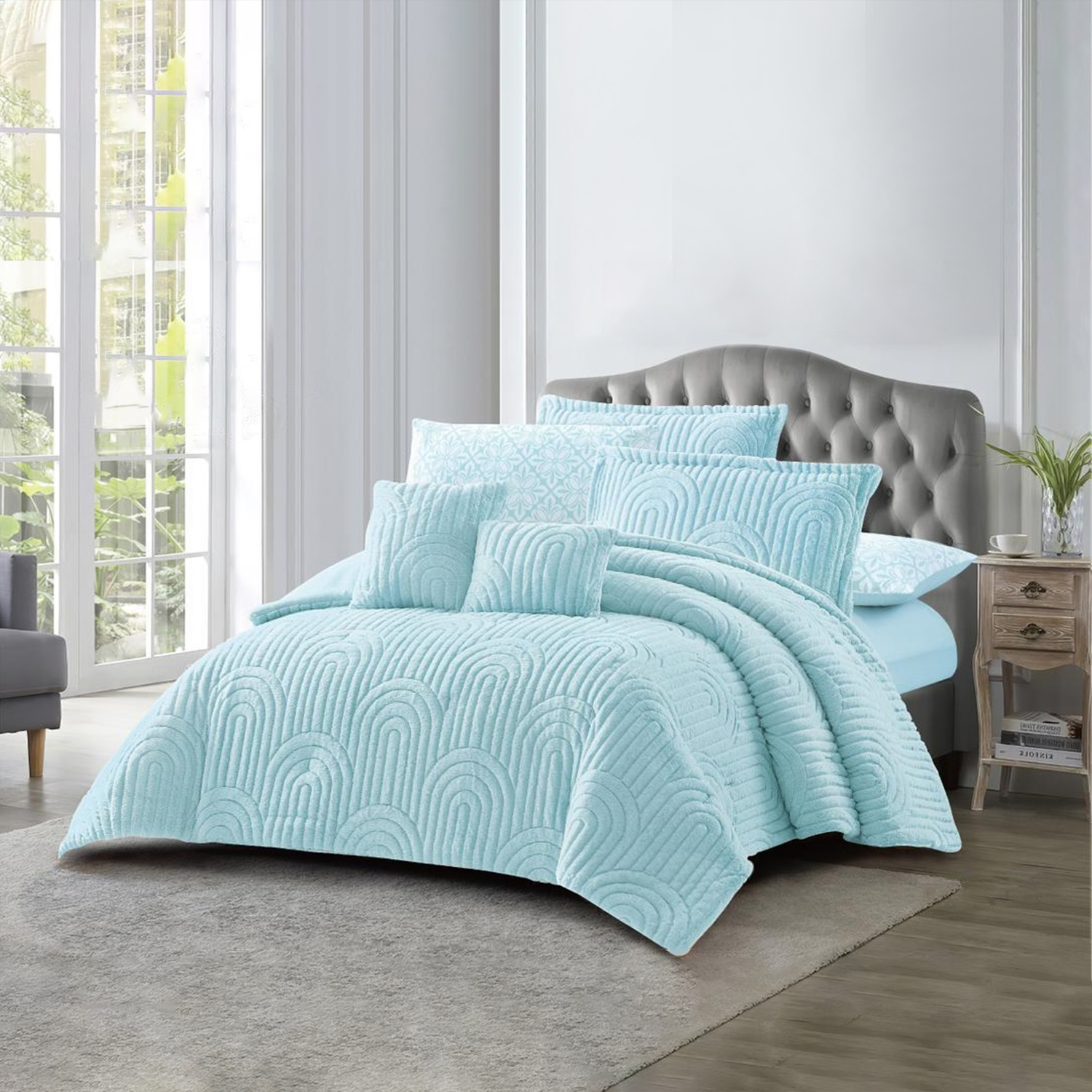 Edredón 7 Pzs Elena Flannel Queen Size 240 X 220 Zantelo Color Azul Claro