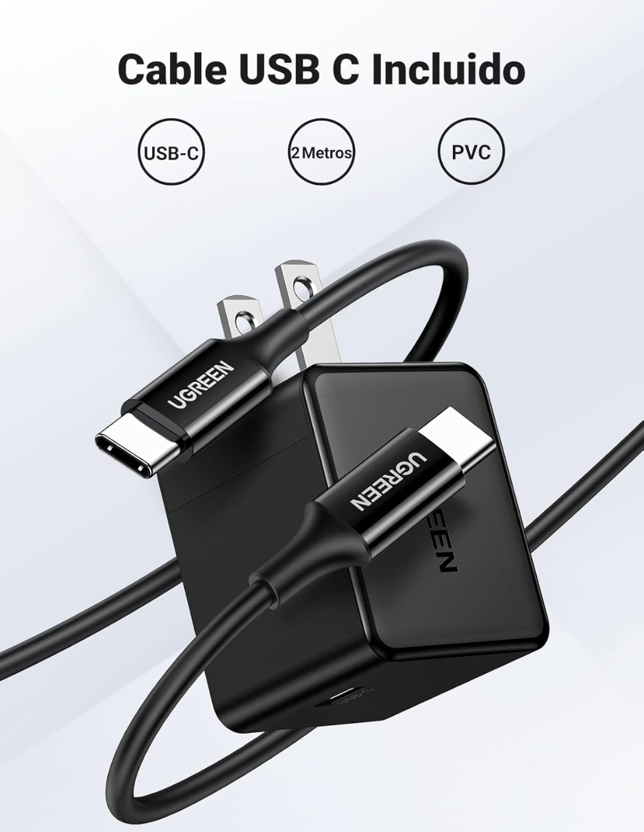 Cargador Tipo C de 25W Ugreen Carga Rápida con Cable USB C 1 m color negro
