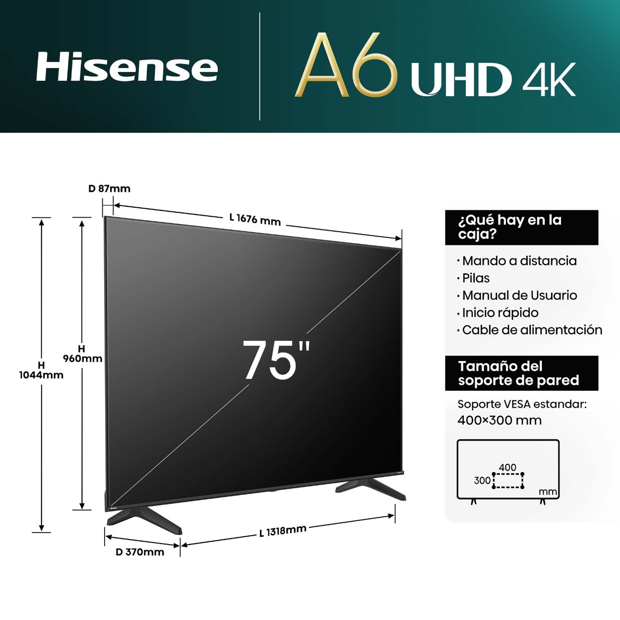 Televisión Pantalla 75 Pulgadas Hisense Smart TV 4K UHD 75A6NV