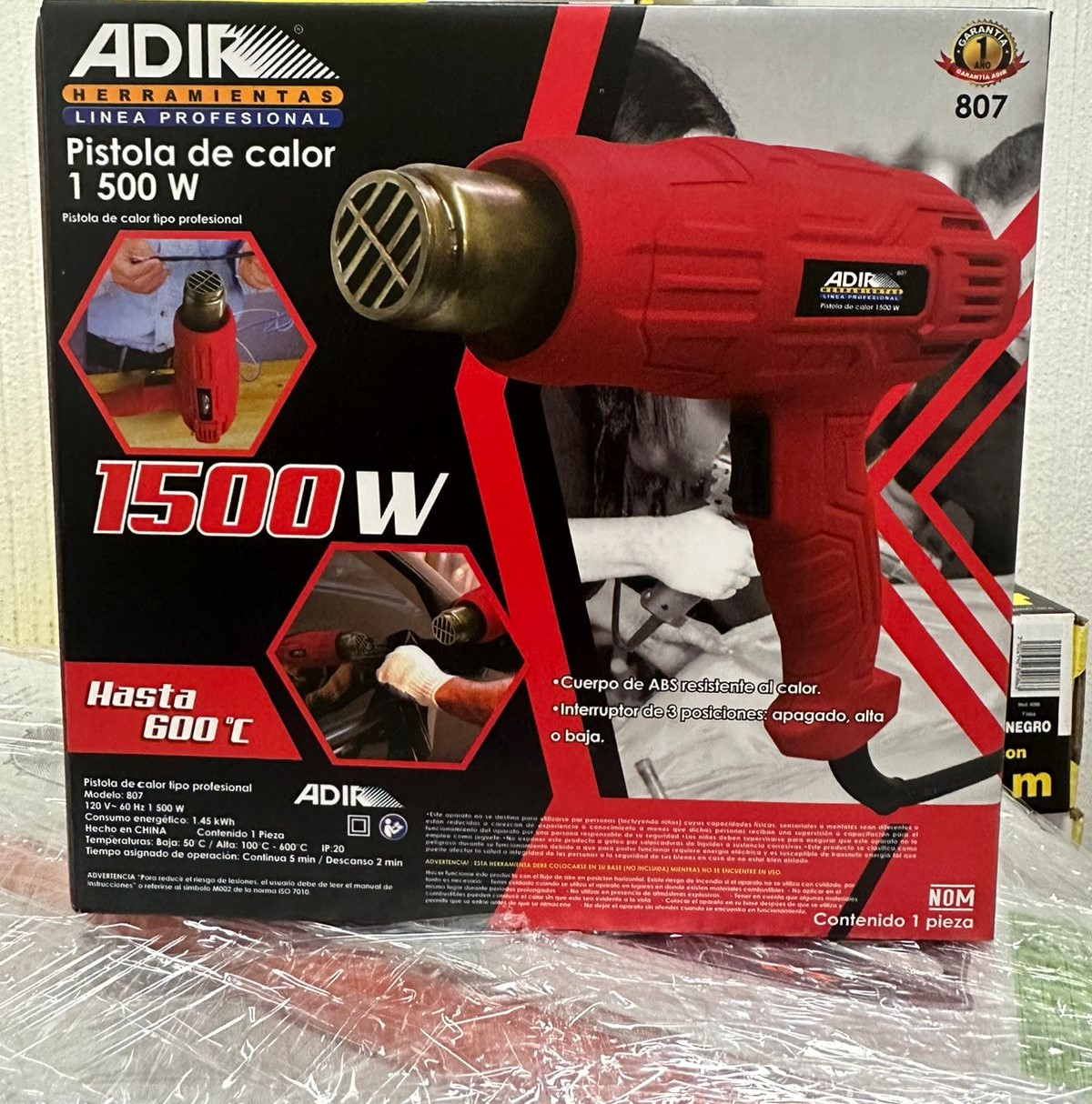 PISTOLA DE CALOR PROFESIONAL 1500W, MARCA ADIR.