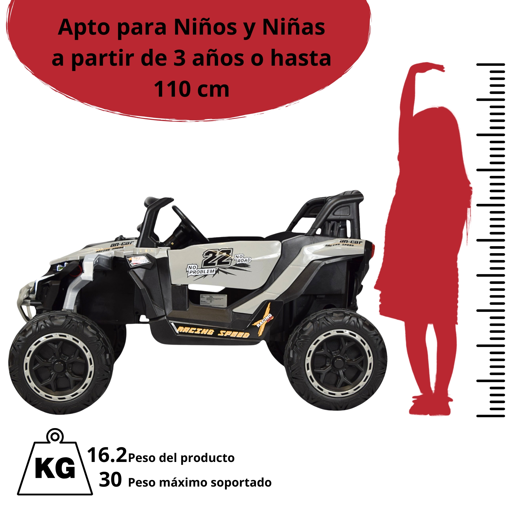 Montable Electrico Speed para Niños Control Remoto Luz Led 12v - Gris