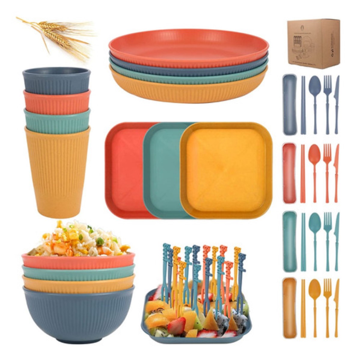Juego De Vajilla De Paja De Trigo 52 Piezas CELESTE COLORES