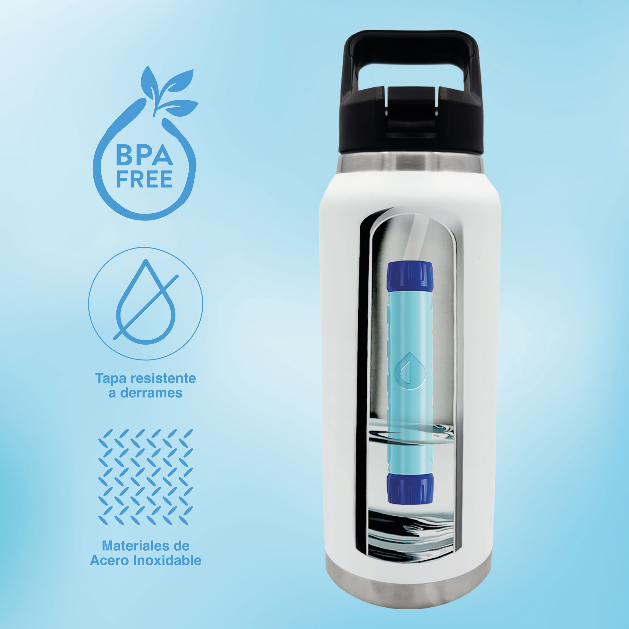 Termo PURA Sport Térmico 1.2lts con Purificador Agua Acero Blanco