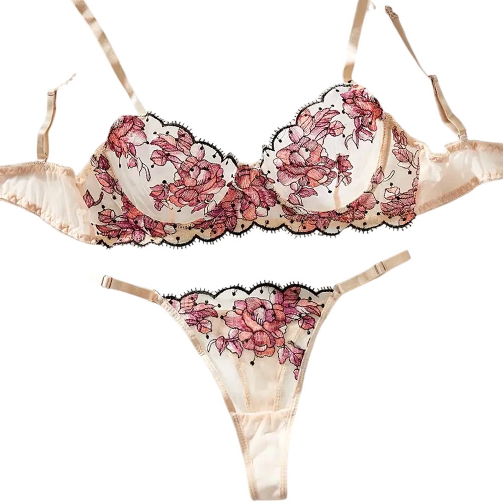 Conjunto de Dos Piezas de Ropa Interior Bordada de Malla