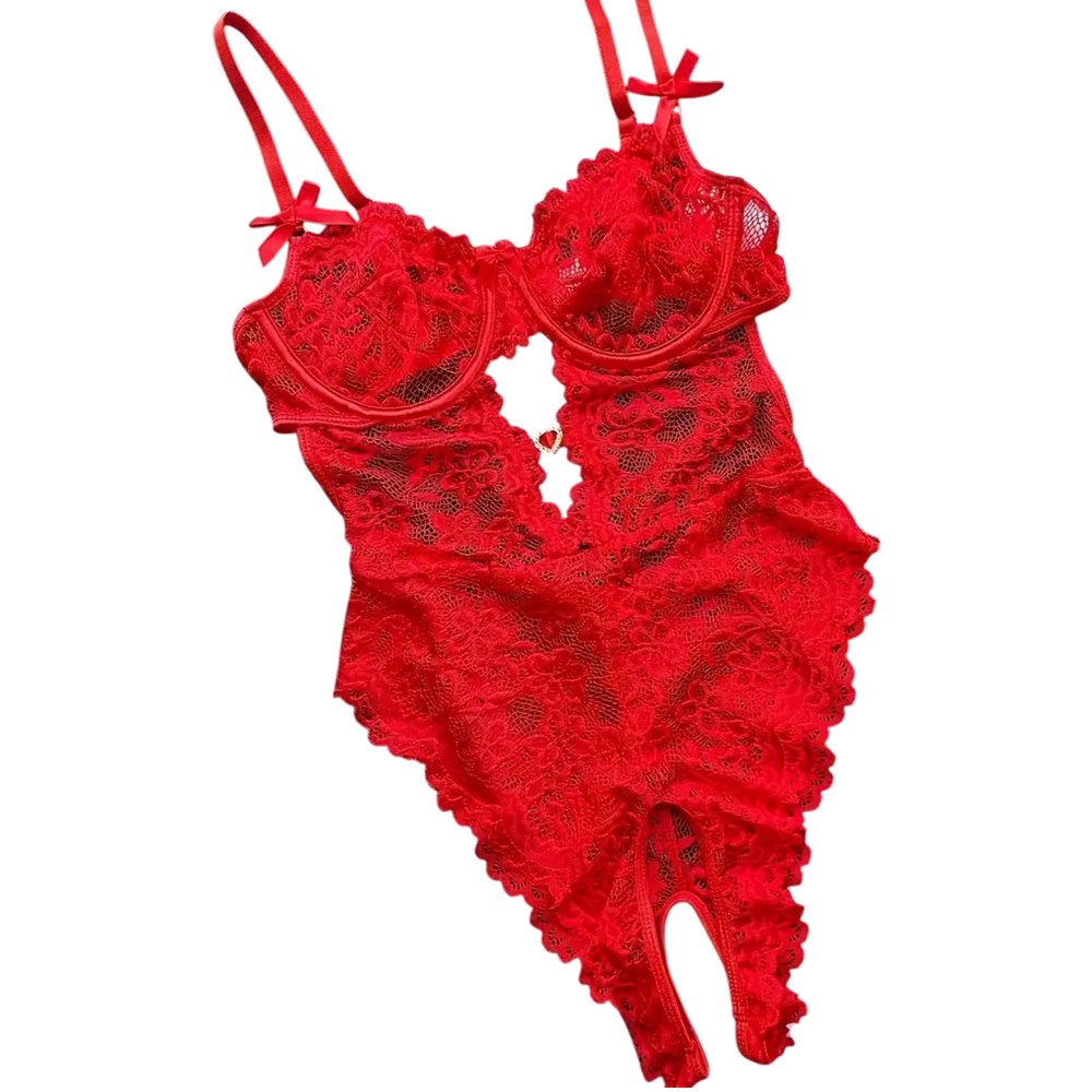 Body de Encaje Floral Rojo con Entrepierna abierta