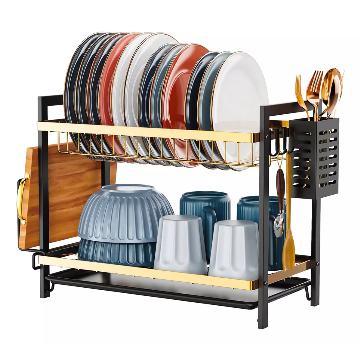 Escurridor De Platos De Acero Inoxidable De 2 Niveles Color Negro + Oro