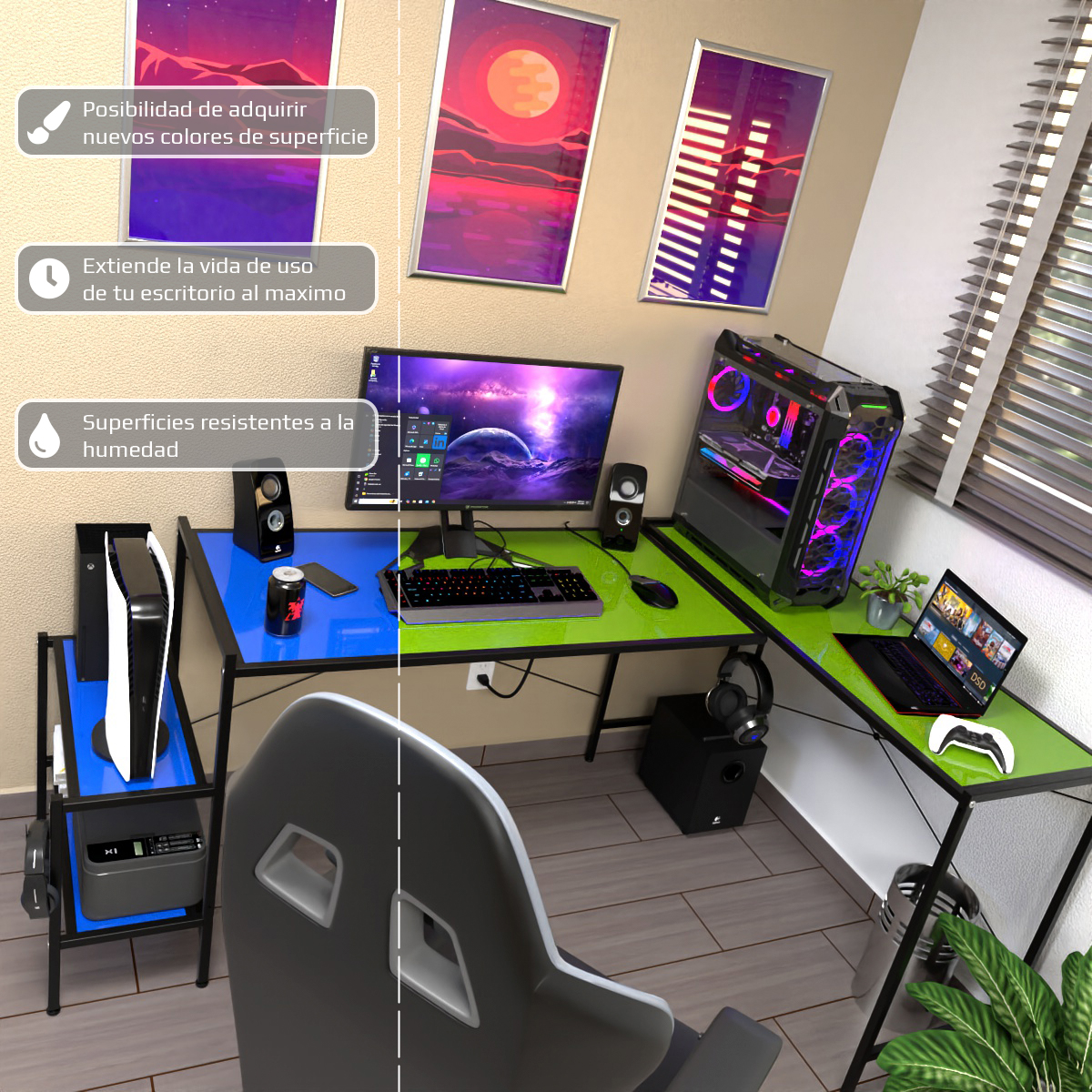 Desk-Top Modelo L Escritorio Gamer marca Ambientika (Azul)