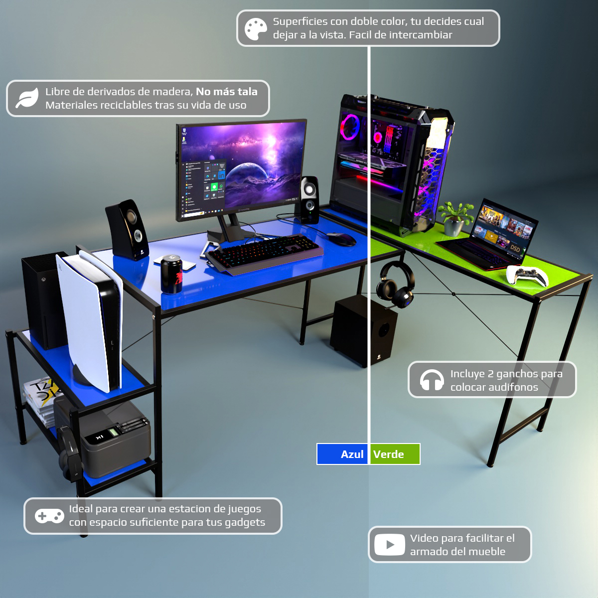 Desk-Top Modelo L Escritorio Gamer marca Ambientika (Azul)