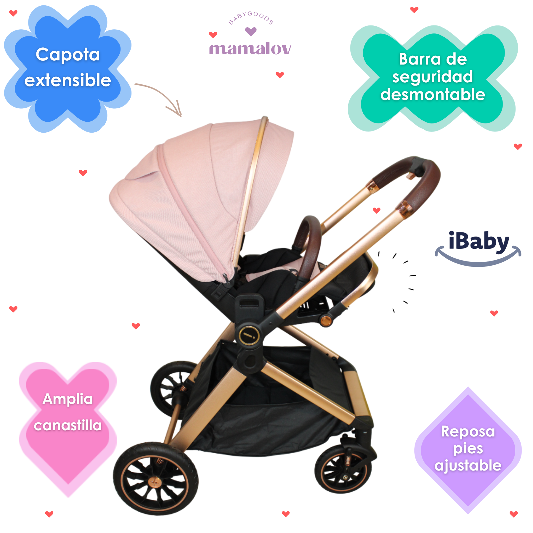Carriola Reversible 4en1 Victoria | Porta Bebé | Ibaby Rosa