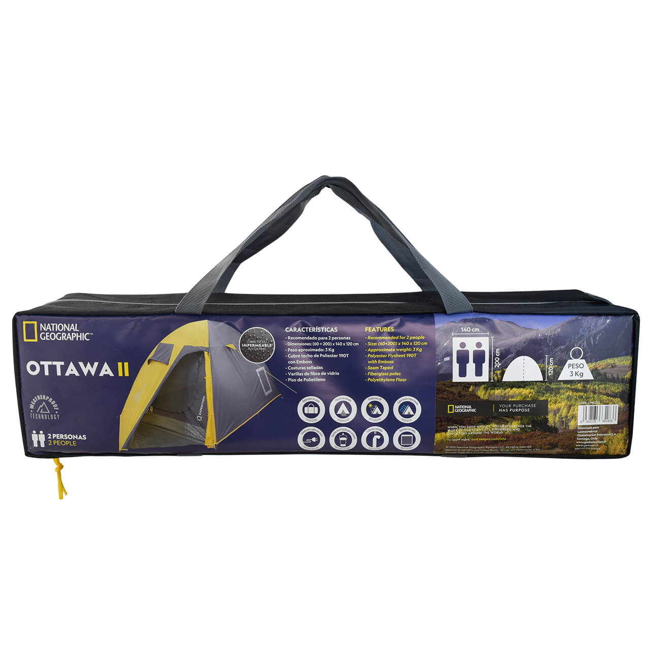 Tienda de campaña Nat Geo OTTAWA II, para 2 personas, gris con amarillo