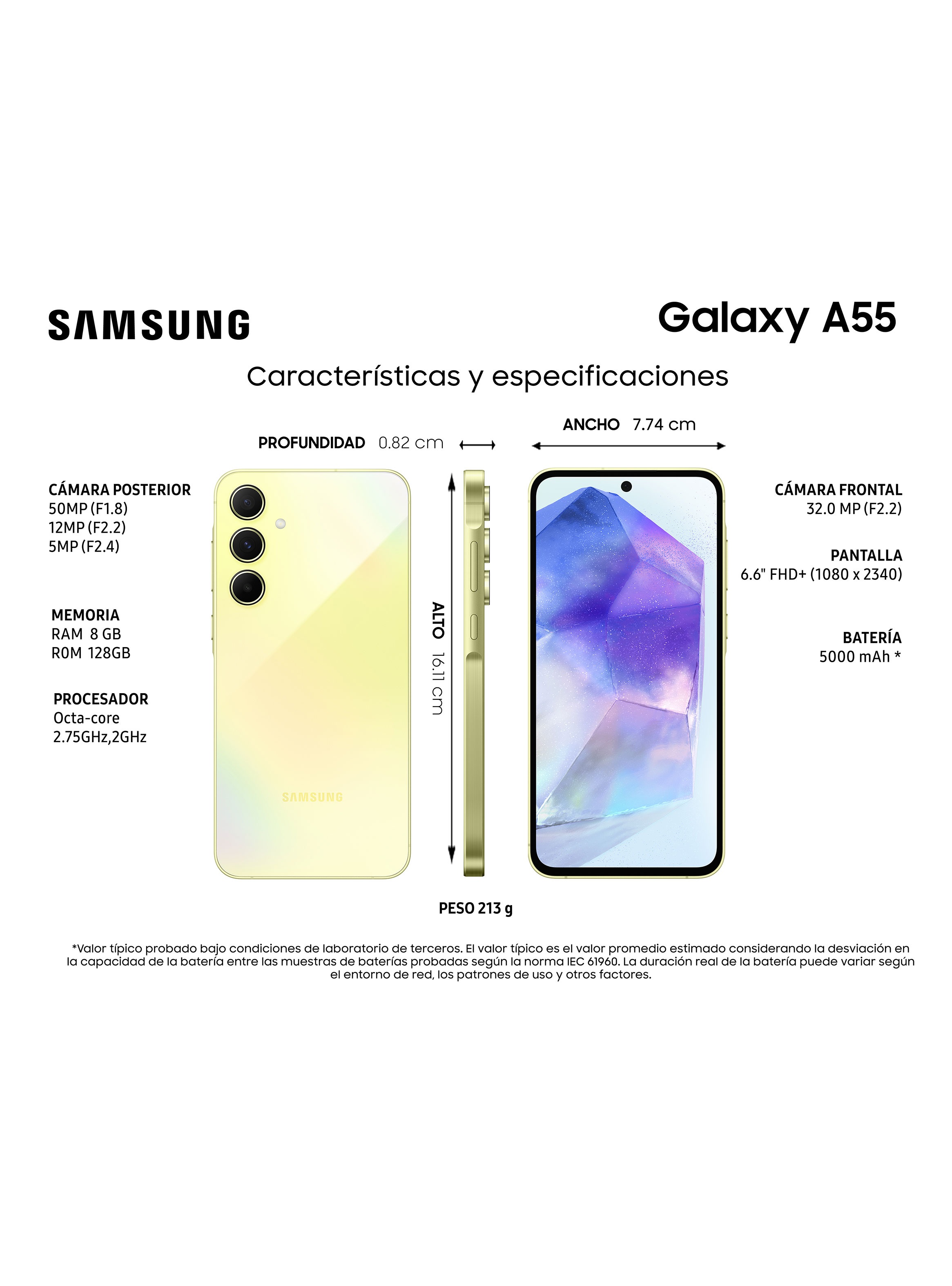 Samsung A55 5G 256Gb 8Ram Color Amarillo 2-Sim Fisicos 1-ESIM Nuevo Libre