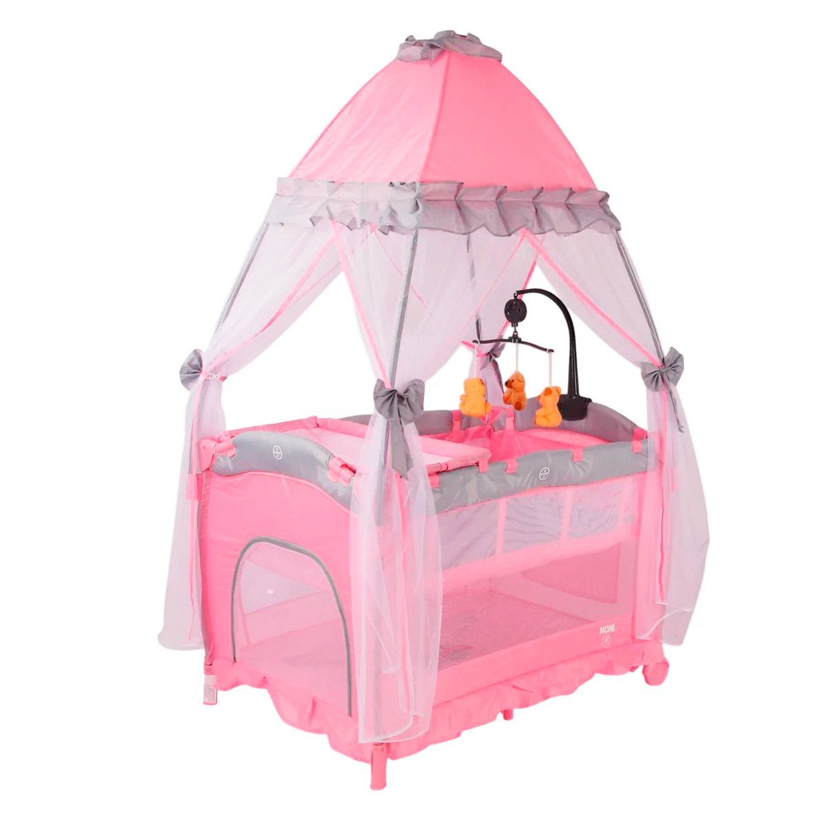 Cuna Corral Noni Velo Alto Para Bebe Cambiador Y Movil Rosa