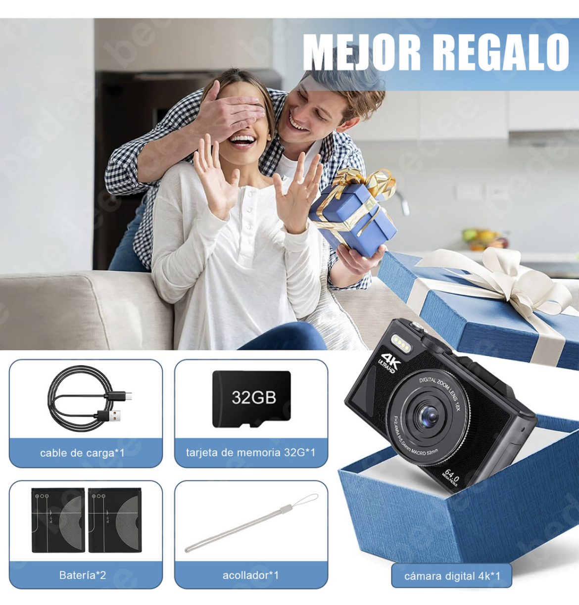 Cámara Digital Bedee 4k 64mp Cámara Vlog Con Tarjeta +32gb 2 Pilas Color Negro