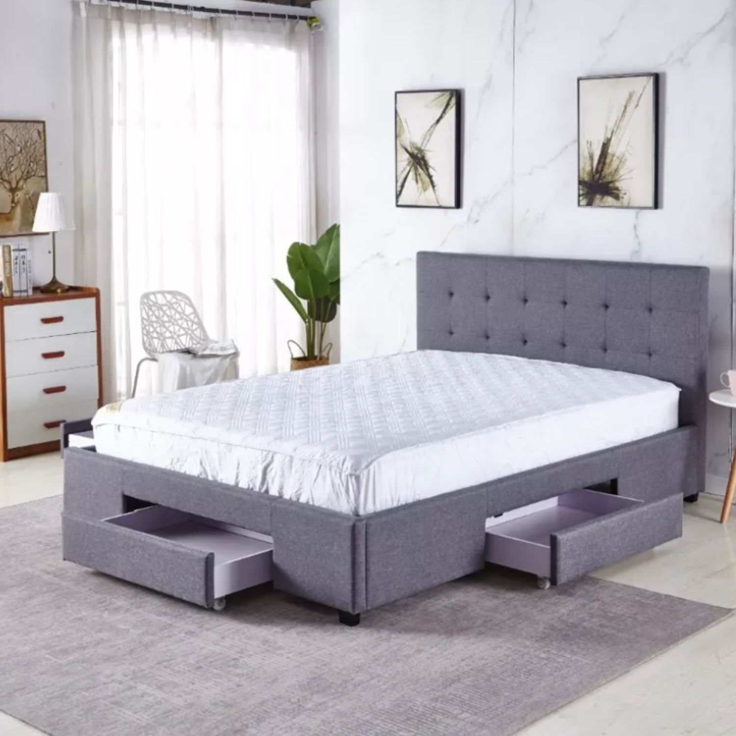 Base Con Cabecera Cama-P1940 de Madera Queen Lino Color Gris con Cajones