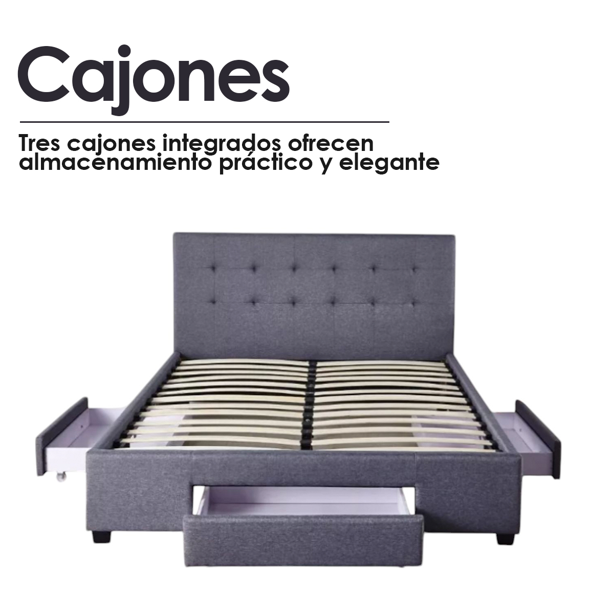 Base Con Cabecera Cama-P1940 de Madera Queen Lino Color Gris con Cajones