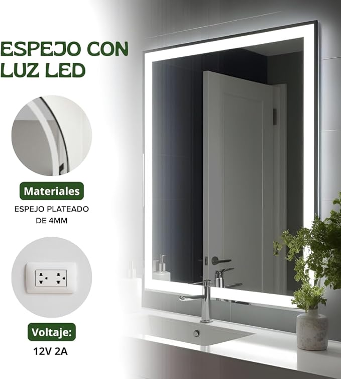 RIVALINK Espejo Decorativo con Luz LED, Espejo para Baño 70x50cm Sin Marco Rectangular, Ideal ...