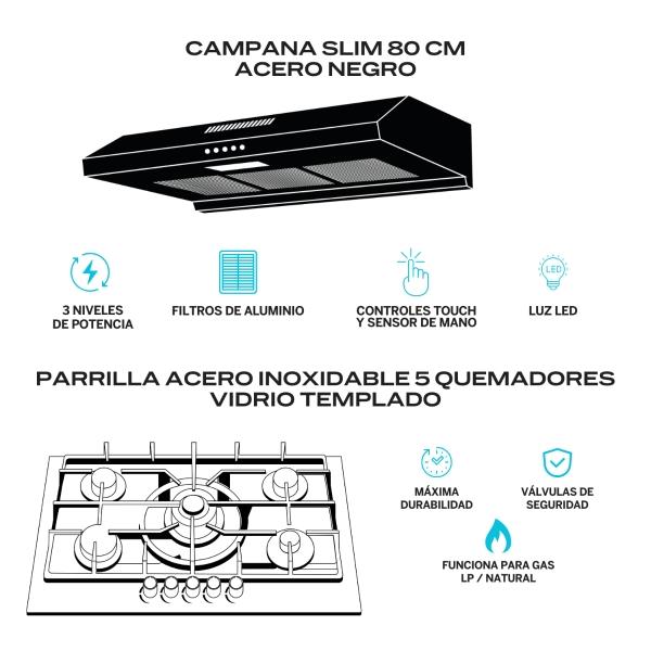 Combo parrilla de gas y campana extractora 80 cm | 5 quemadores | negra ...