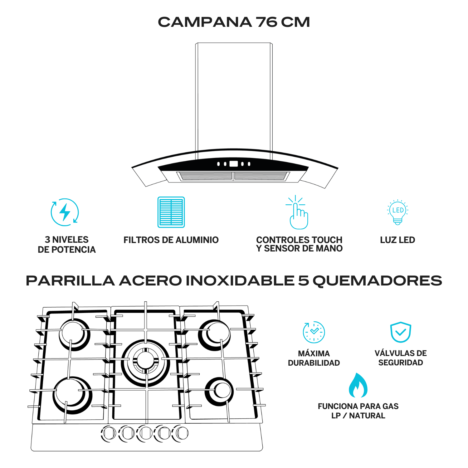 Combo parrilla de gas y campana extractora 76 cm cristal curvo |De ...