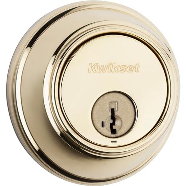 Kwikset 817 Deadbolt Lock, Polished Brass Round Exterior Keyed Front ...