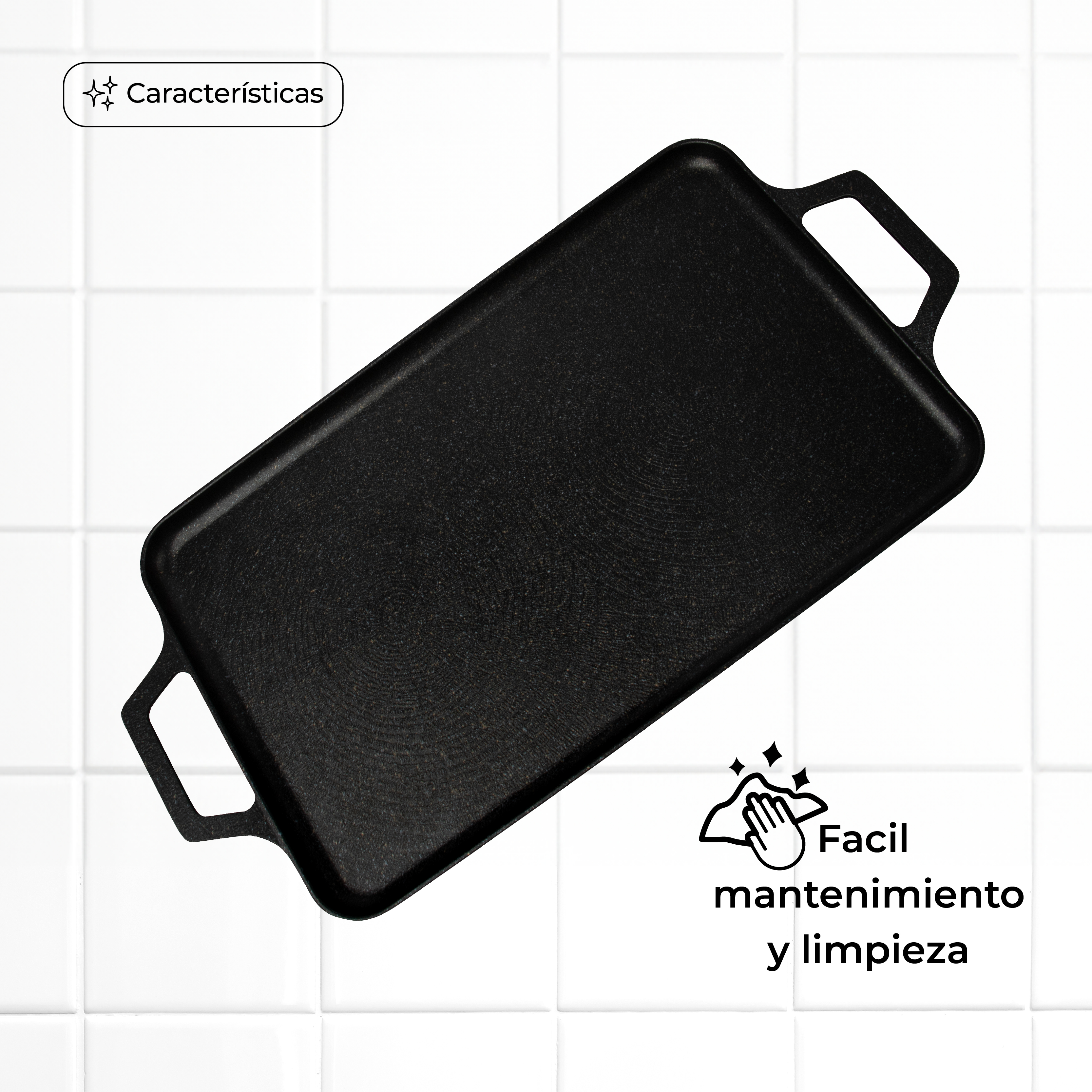 Comal De Mármol Antiadherente Rectangular Con Asas De Metal 60 Cm Negro