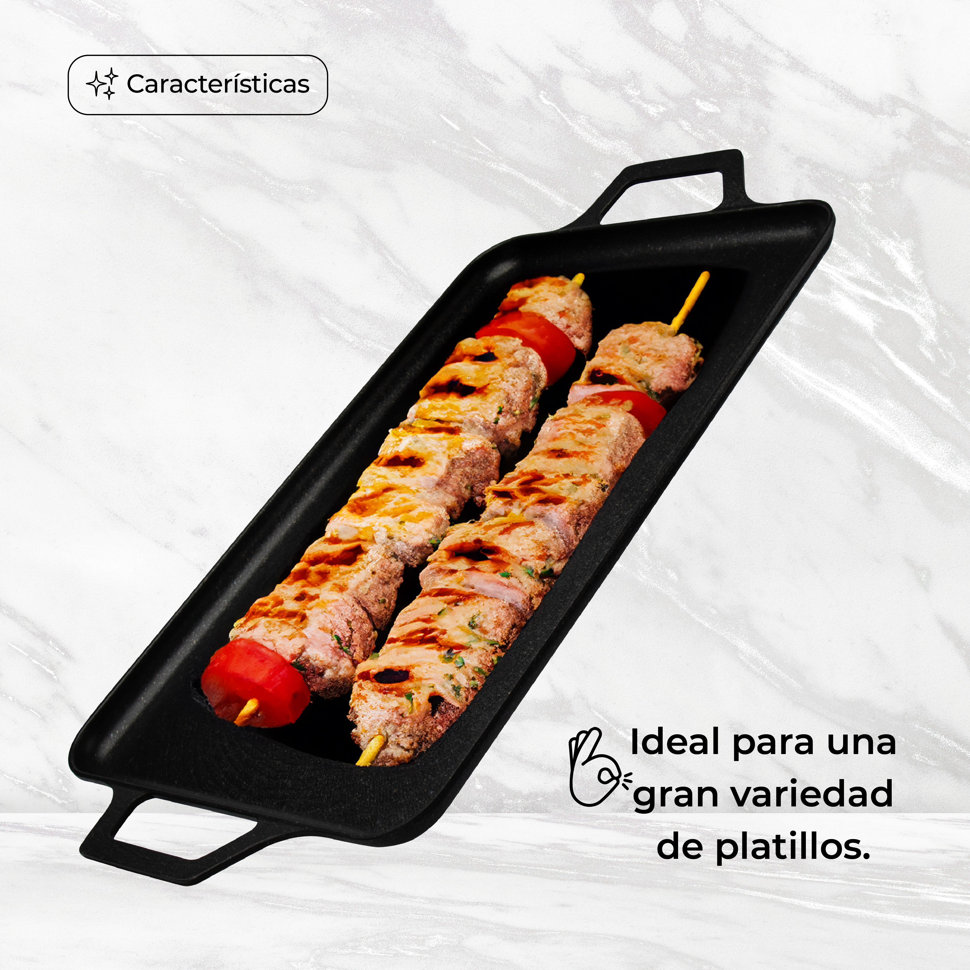 Comal De Mármol Antiadherente Rectangular Con Asas De Metal 60 Cm Negro