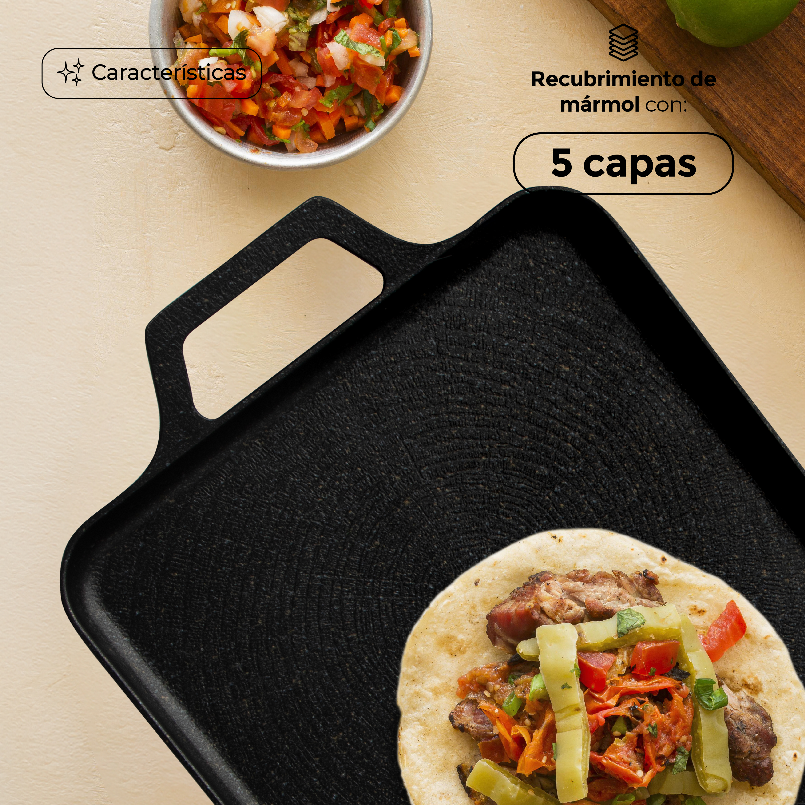 Comal De Mármol Antiadherente Rectangular Con Asas De Metal 60 Cm Negro