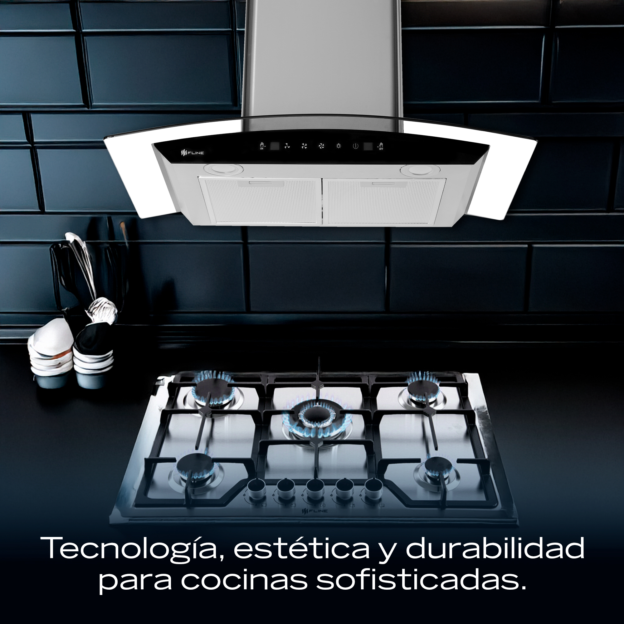FLINE Combo parrilla de gas y campana extractora 76 cm Pared Touch gris ...