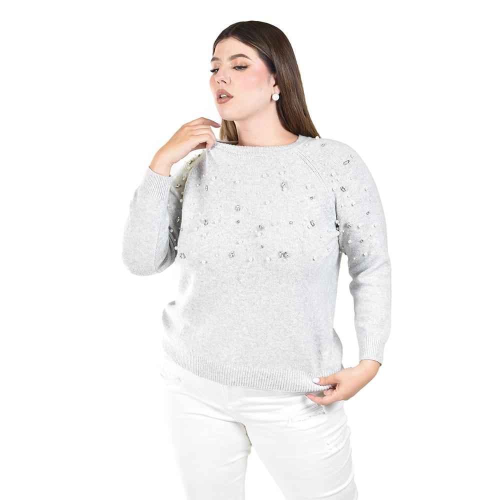 Sueter con pedreria y perlas Roman Fashion /Tallas Extras, 4003 (Gris)