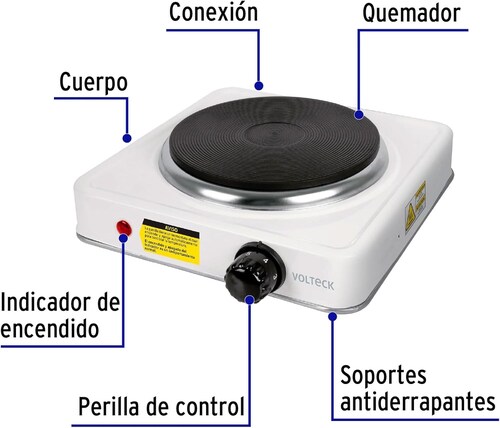 Parrilla eléctrica 1 quemador de disco, blanca, VOLTECK PAEL-1CD