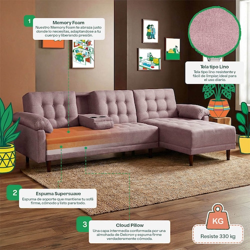 Sala Modular Makora Mosley con Memory Foam, Color Palo de Rosa Respaldo ...